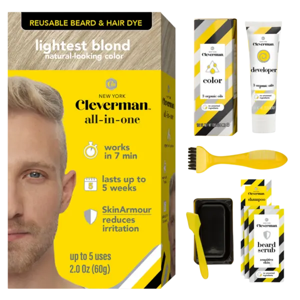 CLEVERMAN Reusable Beard & Hair Dye Kit Up To 5 Uses, 7-min Natural Gray Coverage With Skinarmour - Lightest Blond