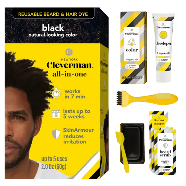 CLEVERMAN Coarse & Coily Hair · Reusable Beard & Hair Dye Kit – 5 Uses, 7-min Natural Gray Coverage - Black