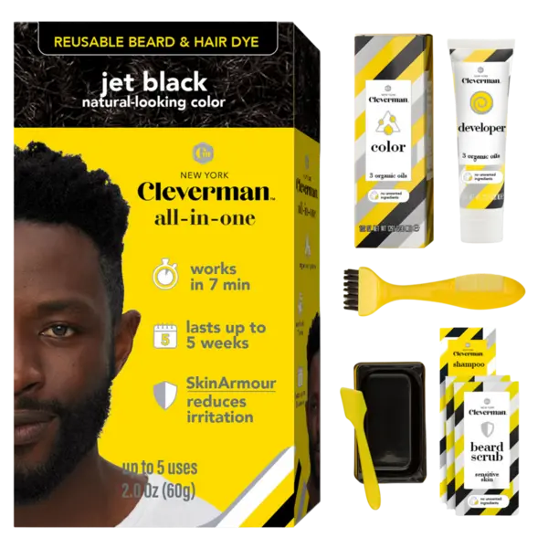 CLEVERMAN Coarse & Coily Hair · Reusable Beard & Hair Dye Kit – 5 Uses, 7-min Natural Gray Coverage - Jet Black