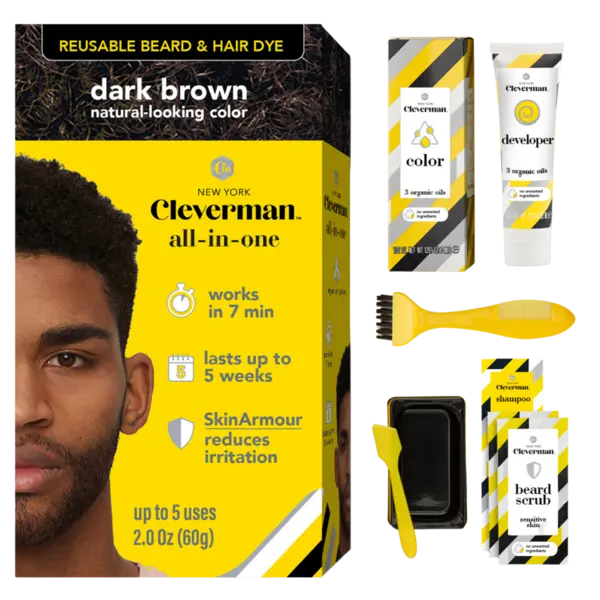 CLEVERMAN Coarse & Coily Hair · Reusable Beard & Hair Dye Kit – 5 Uses, 7-min Natural Gray Coverage - Dark Brown