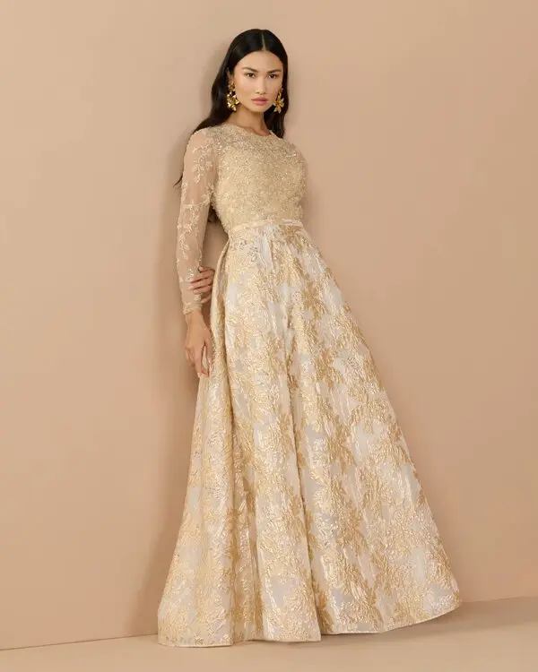 Mac Duggal Long Sleeve Beaded Brocade Skirt Ball Gown - Light Gold