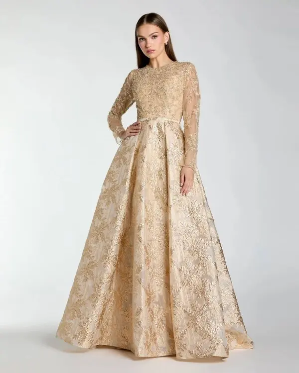 Mac Duggal Embellished Long-sleeve Brocade Ball Gown - Light Gold