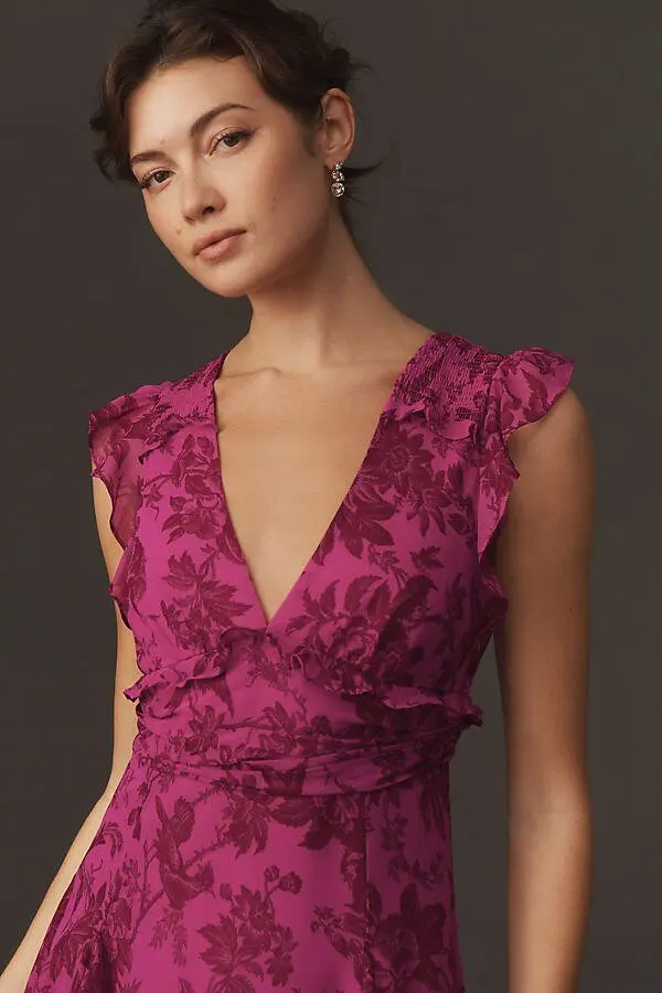 Bhldn Sleeveless V-neck Pleated Chiffon Maxi Dress - Pink Pattern