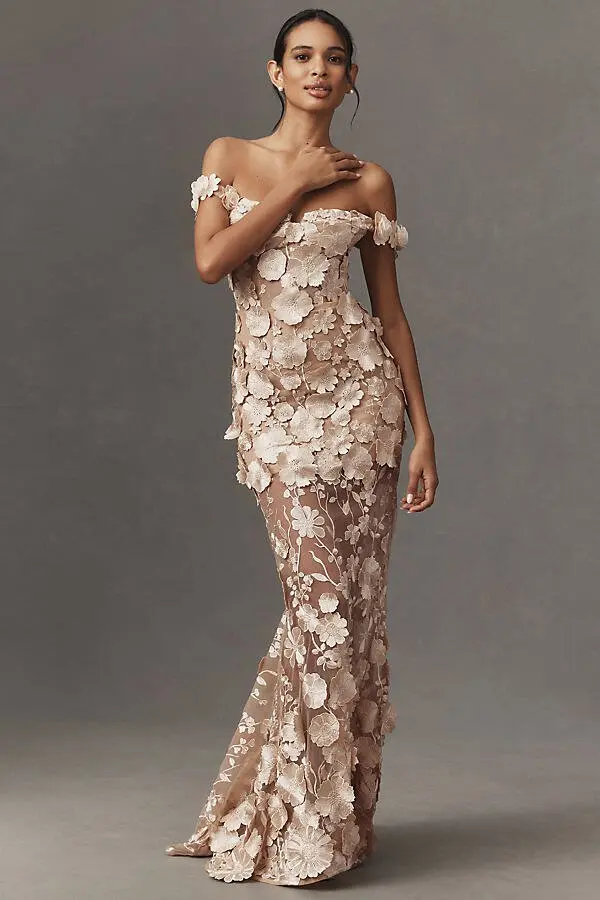 BRONX AND BRONCO Jasme Strapless Floral Gown - Gold