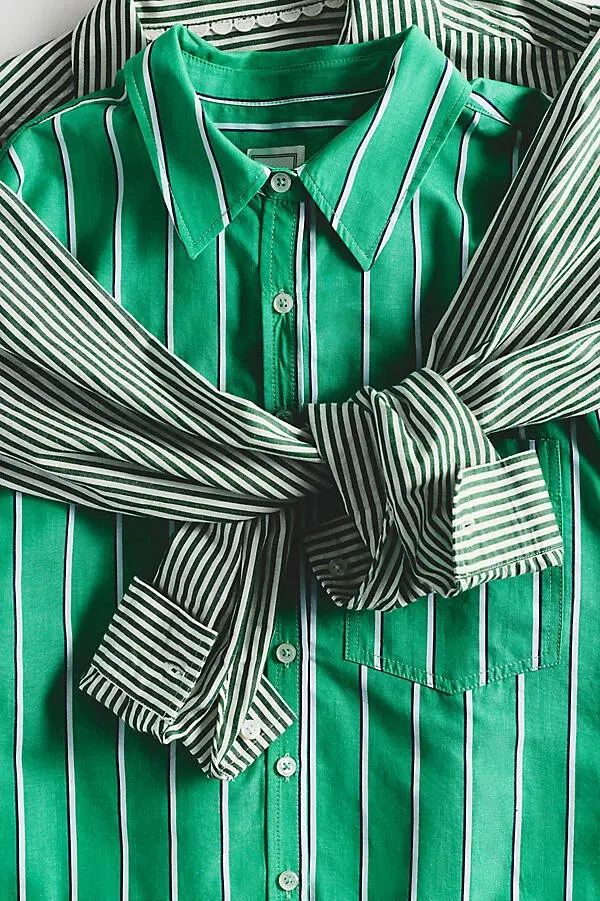 Maeve Shrunken Bennet Buttondown Shirt - Green Double Stripe
