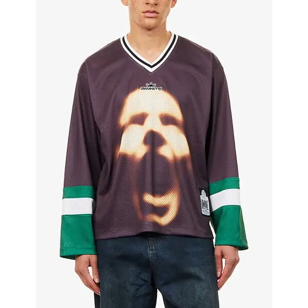 AWAKE NY Hockey Graphic-print Mesh Jersey Top - Brown