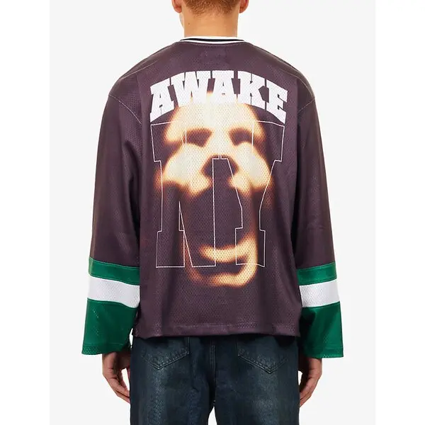 AWAKE NY Hockey Graphic-print Mesh Jersey Top - Brown