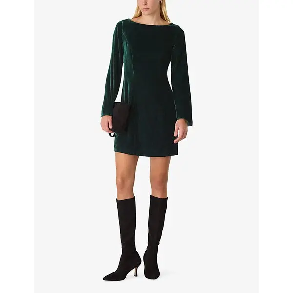 Whistles Velvet Flare Sleeve Dress Forest Green Size 4