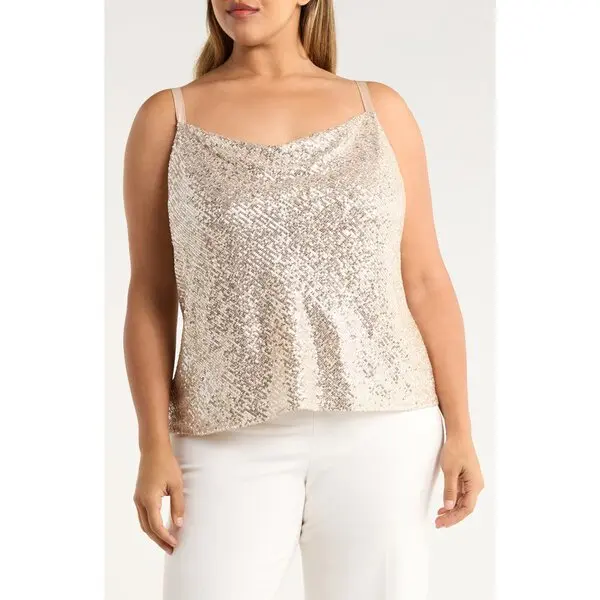 TAHARI ASL Sequin Cowl Neck Camisole - Nude Silver