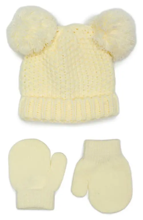 CAPELLI NEW YORK Seed Stitch Double Pompom Beanie And Mittens Set - Beige