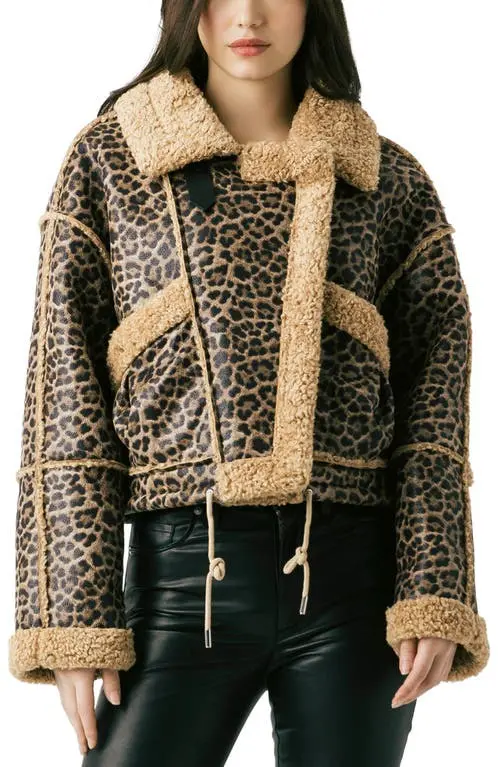 Blanknyc Bonded Leopard Print Faux Shearling Moto Jacket