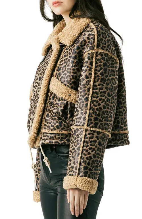 Blanknyc Bonded Leopard Print Faux Shearling Moto Jacket