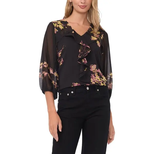 Vince Camuto Floral Ruffle Top - Rich Black