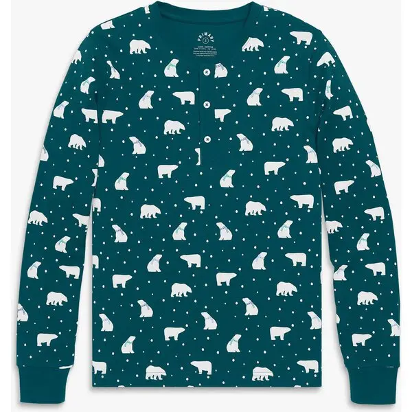 PRIMARY Adult Organic Long Sleeve Henley Pj Top In Holiday Animal Friends - Forest Polar Bears