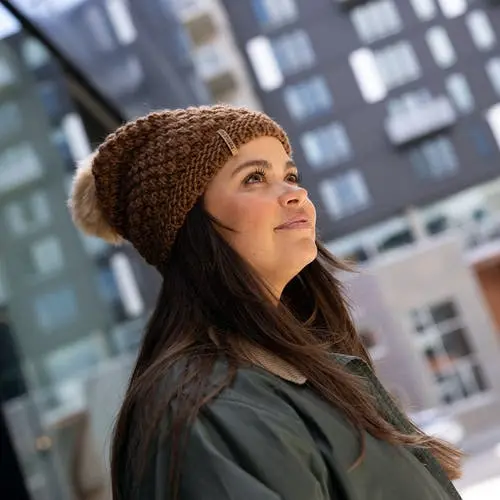 Turtle Fur Snowfall Pom Slouch Beanie - Camel