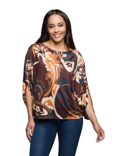 24SEVEN COMFORT APPAREL Paisley Print Dolman Sleeve Top