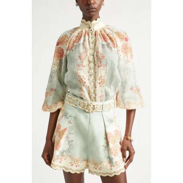 Zimmermann Daylight Floral Ramie Button-up Top - Wallpaper Floral Mint
