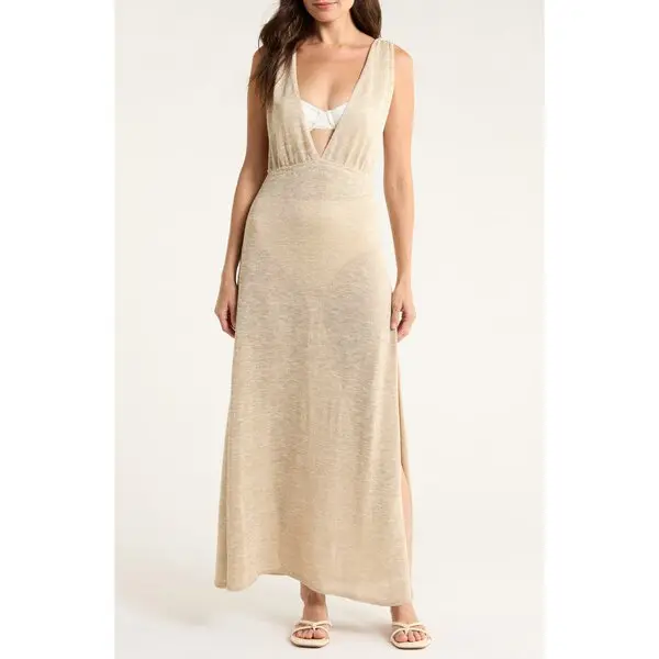 Elan Plunge Neck Maxi Cover-up Sweater Dress - Beige