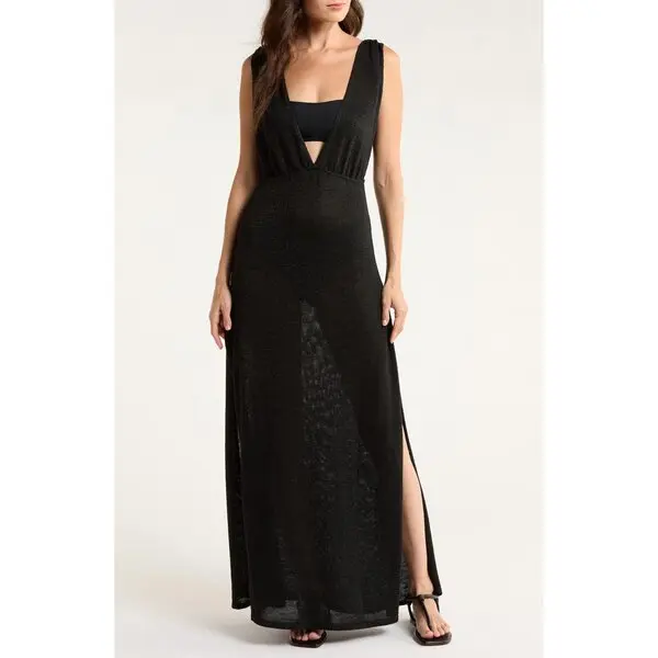 Elan Plunge Neck Maxi Cover-up Sweater Dress - Black