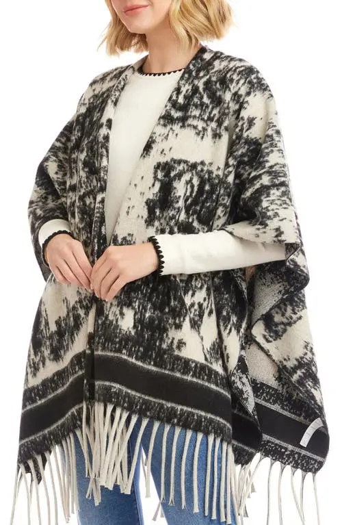 Karen Kane Fringe Brushed Jacquard Knit Poncho