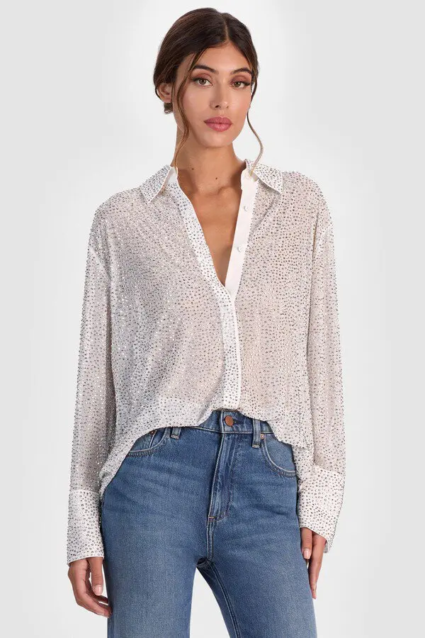 Alice + Olivia Finely Embellished Oversized Button-down - White