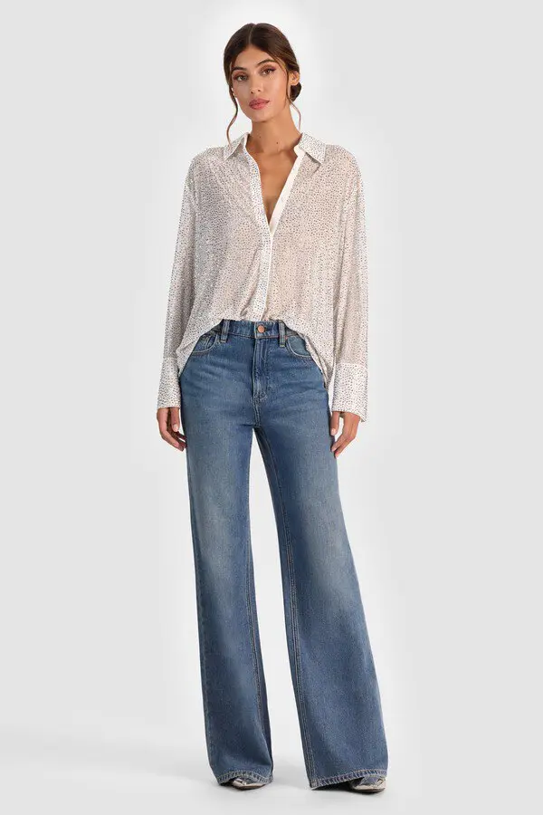 Alice + Olivia Finely Embellished Oversized Button-down - White