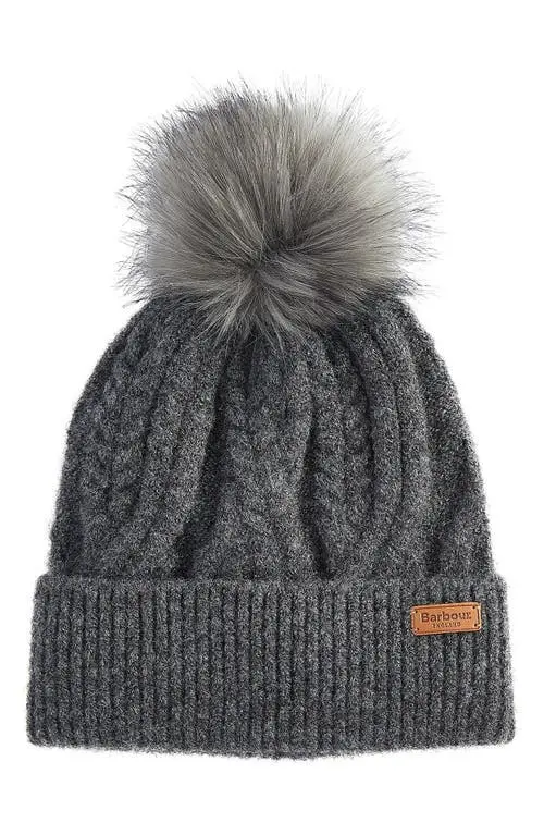 Barbour Elsdon Faux Fur Pompom Cable Stitch Beanie - Grey