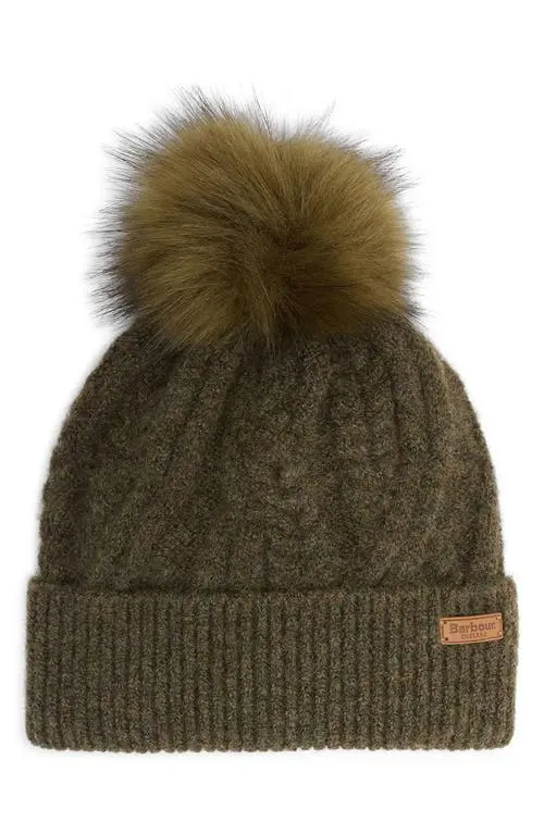 Barbour Elsdon Faux Fur Pompom Beanie - Olive