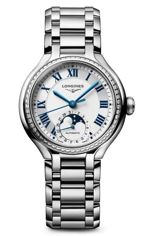 LONGINES Primaluna Moonphase Diamond Bezel Bracelet Watch - Silver
