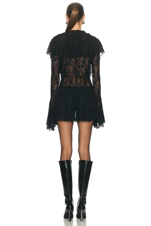 Norma Kamali Long Sleeve Deep V Ruffle Mini Dress - Black Lace
