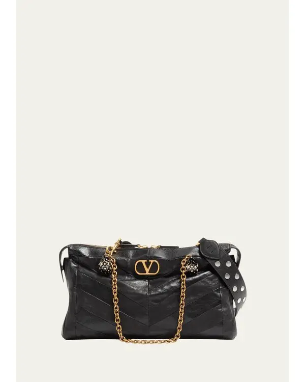 Valentino Garavani Panthea Medium Patchwork Chevron Shoulder Bag - Nero