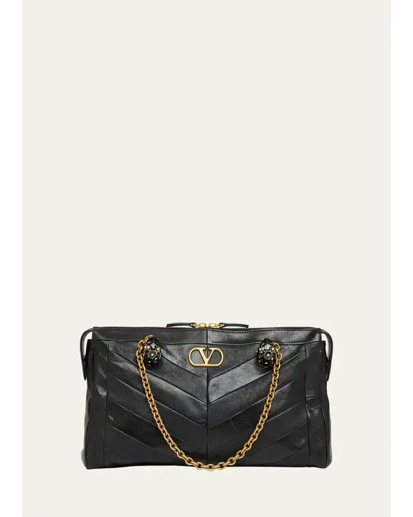 Valentino Garavani Panthea Medium Patchwork Chevron Shoulder Bag - Nero