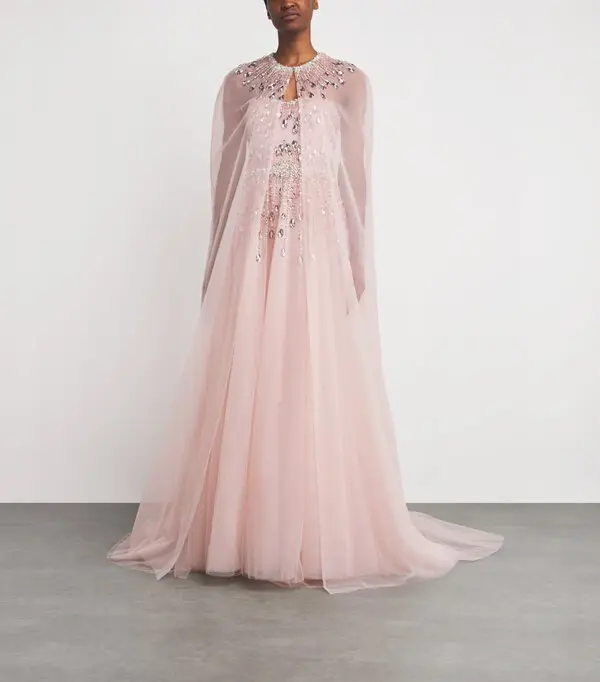 Pamella Roland Tulle Embellished Cape-detail Gown - Pink
