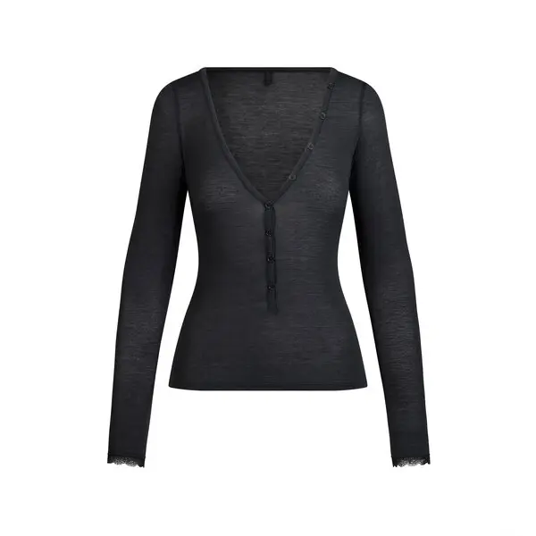SKIMS Sheer Modal Long Sleeve Henley - Onyx