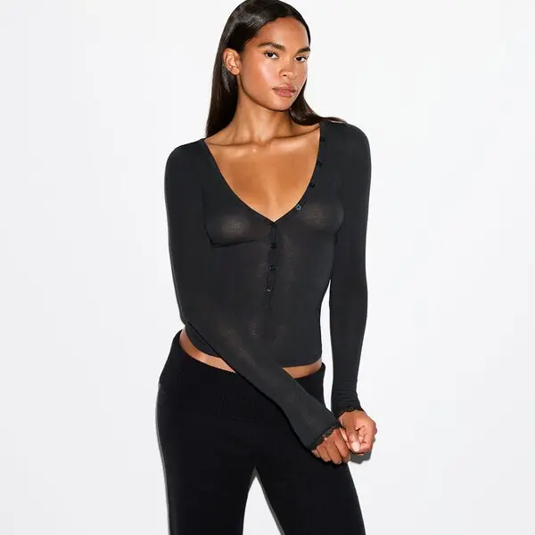 SKIMS Sheer Modal Long Sleeve Henley - Onyx