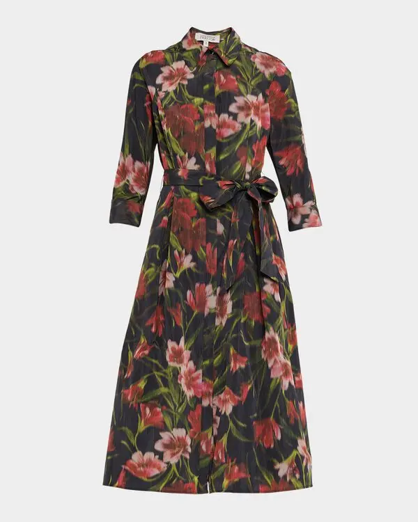 Rickie Freeman For Teri Jon Taffeta Faille Floral-print Midi Shirtdress