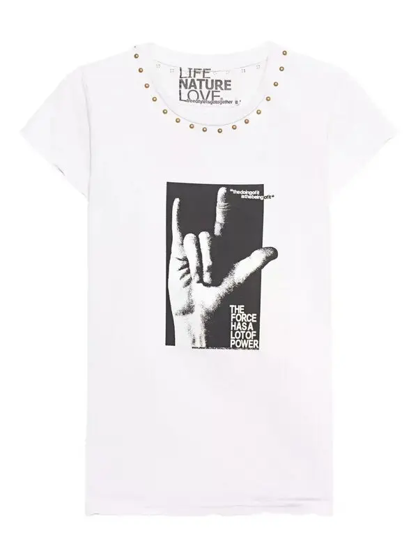 FREECITY Graphic Cotton T-shirt With Stud Details - White