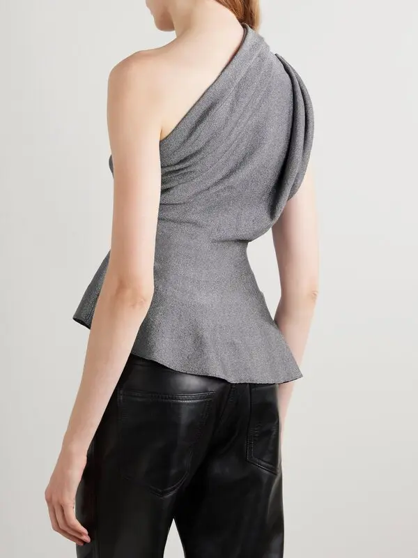 Khaite Aimee One-shoulder Draped Lurex Peplum Top - Silver