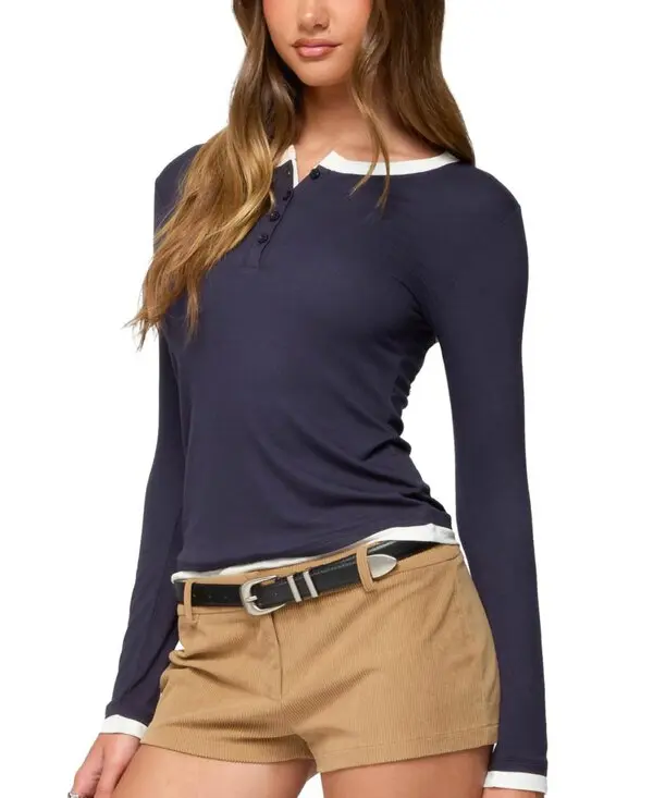 EDIKTED Contrast Layered Look Henley Top - Navy