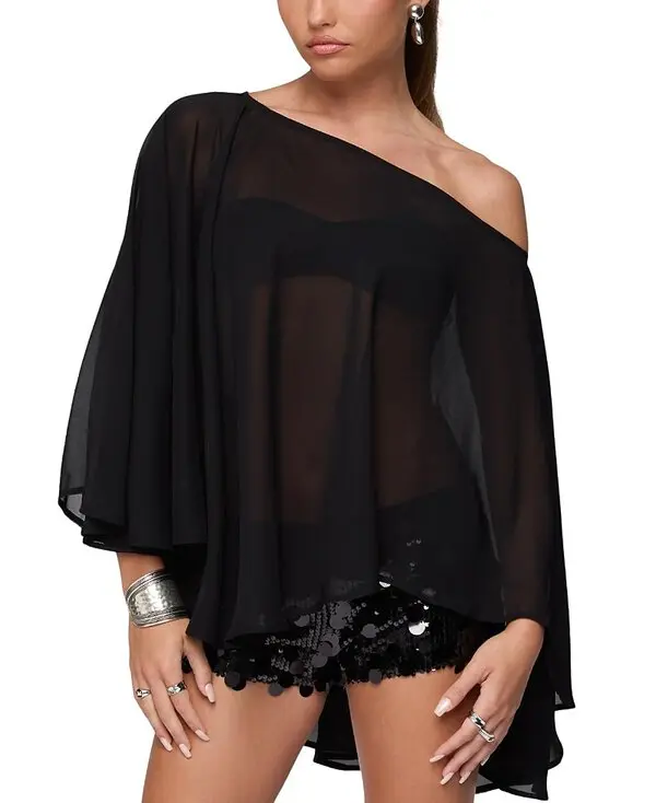 EDIKTED Sheer Chiffon Asymmetric Poncho - Black