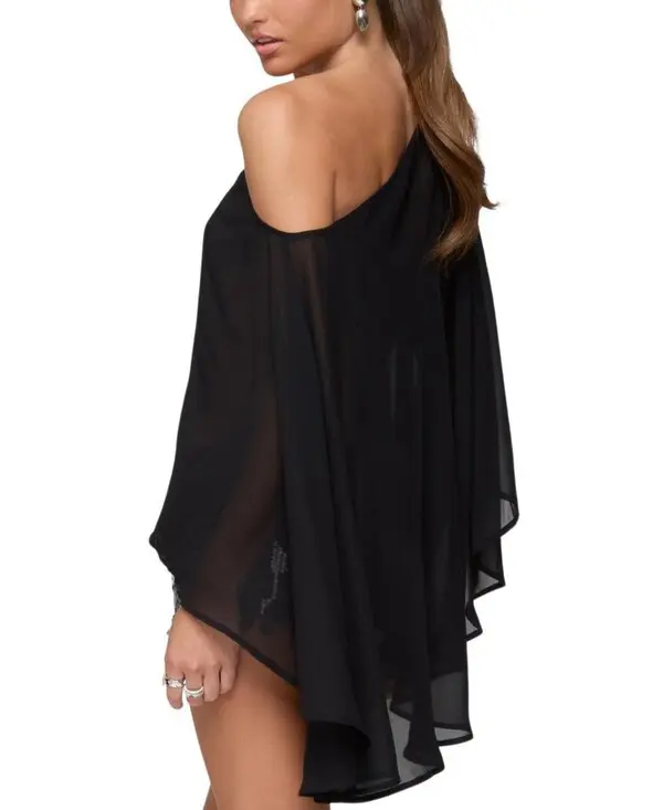 EDIKTED Sheer Chiffon Asymmetric Poncho - Black