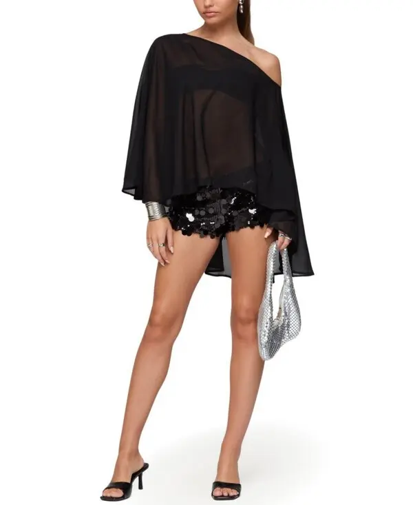 EDIKTED Sheer Chiffon Asymmetric Poncho - Black