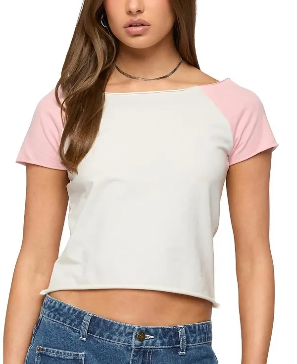 EDIKTED Liva Contrast Raglan T-shirt - White-and-pink
