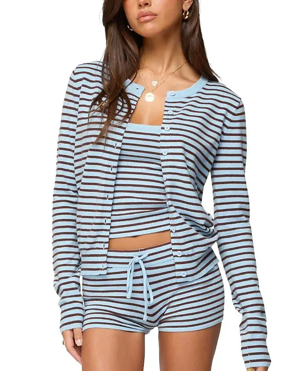 EDIKTED Lillian Striped Button Up Knit Cardigan - Light-blue