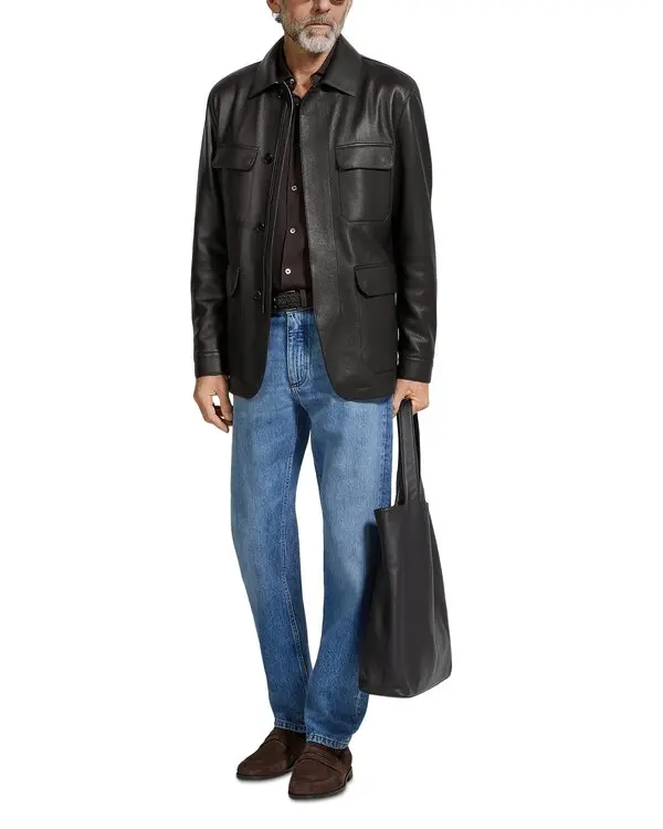 Zegna Leather Field Jacket - Dark Brown