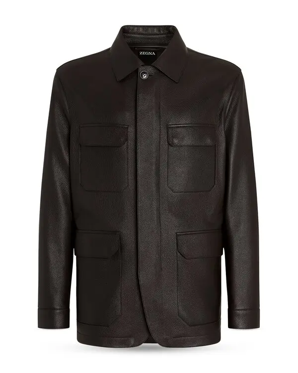 Zegna Leather Field Jacket - Dark Brown