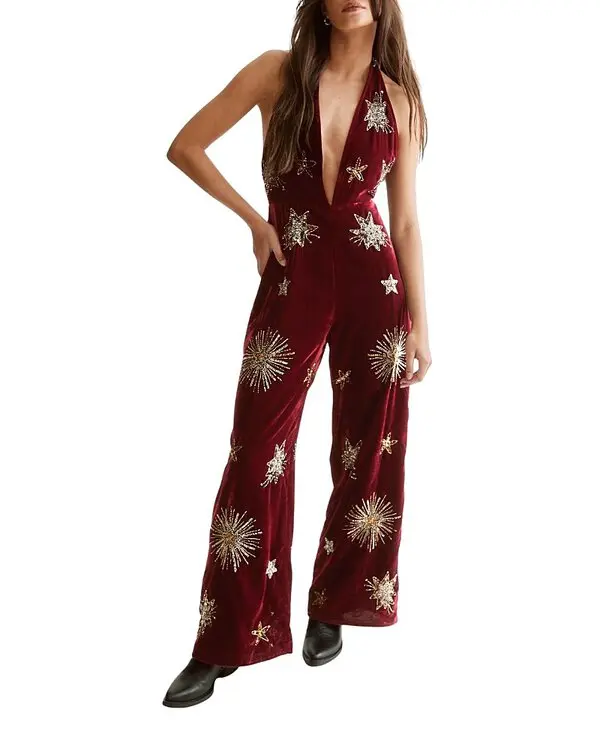 Nasty Gal Star Embellished Velvet Jumpsuit - Wine