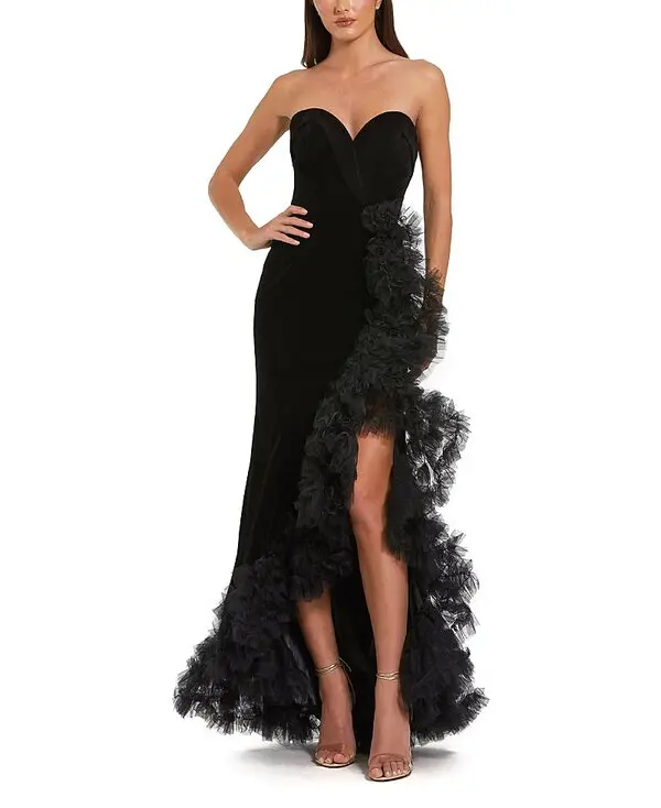 Mac Duggal Strapless Velvet Mermaid Gown With Ruffle Slit