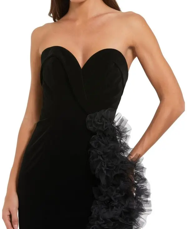 Mac Duggal Strapless Velvet Mermaid Gown With Ruffle Slit