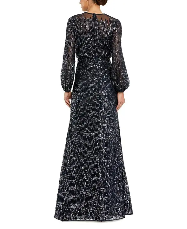 Mac Duggal Sequin Long Sleeve Blouson Evening Gown